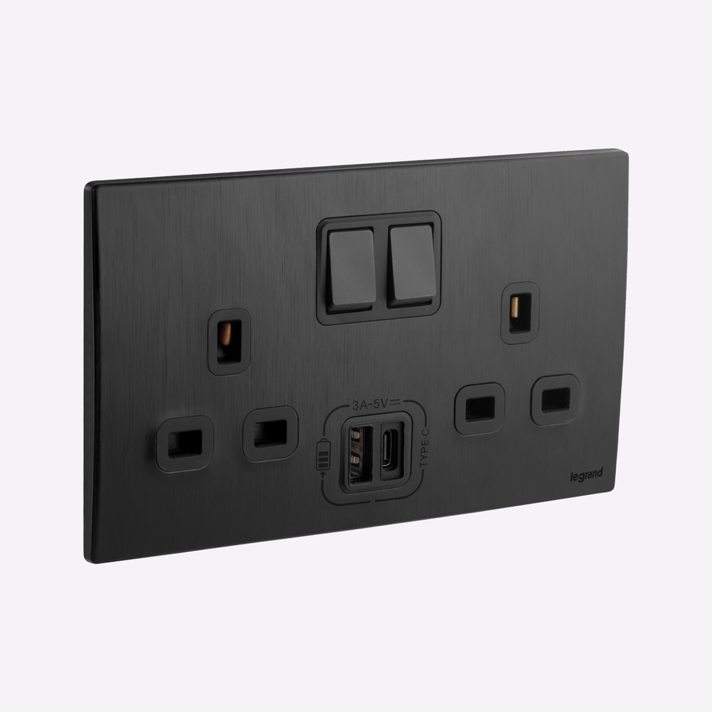 13A 2G S/SOCKET+USB A&C MALLIA SENSES BRUSHED BLACK - LEGRAND | Plaza Middle East