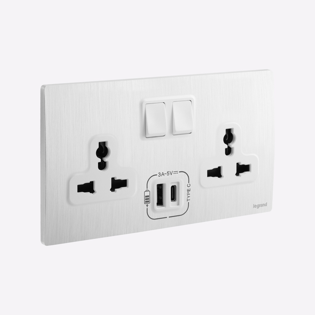 13A 2G UNIVERSAL SWITCH SOCKET+USB A & C MALLIA SENSES BRUSHED ALUMINIUM - LEGRAND | Plaza ...