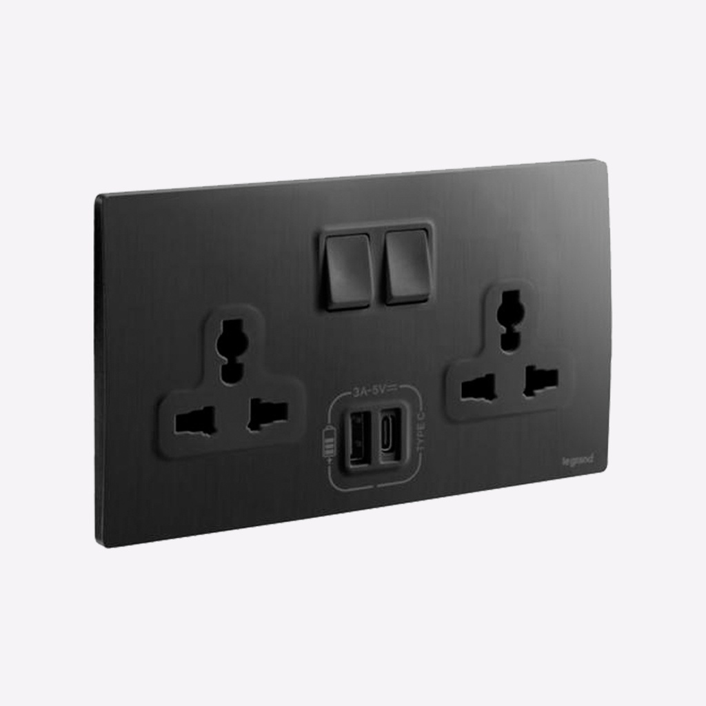13A 2G UNIVERSAL SWITCH SOCKET+USB A&C MALLIA SENSES BRUSHED BLACK ...