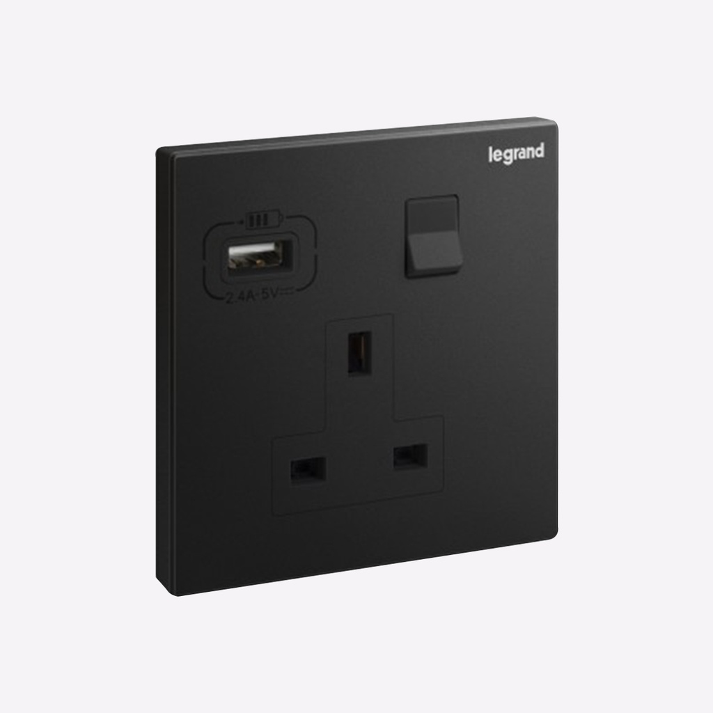 13A 1G SWITCH SOCKET+USB TYPE A GALION MATT BLACK - LEGRAND | Plaza Middle East