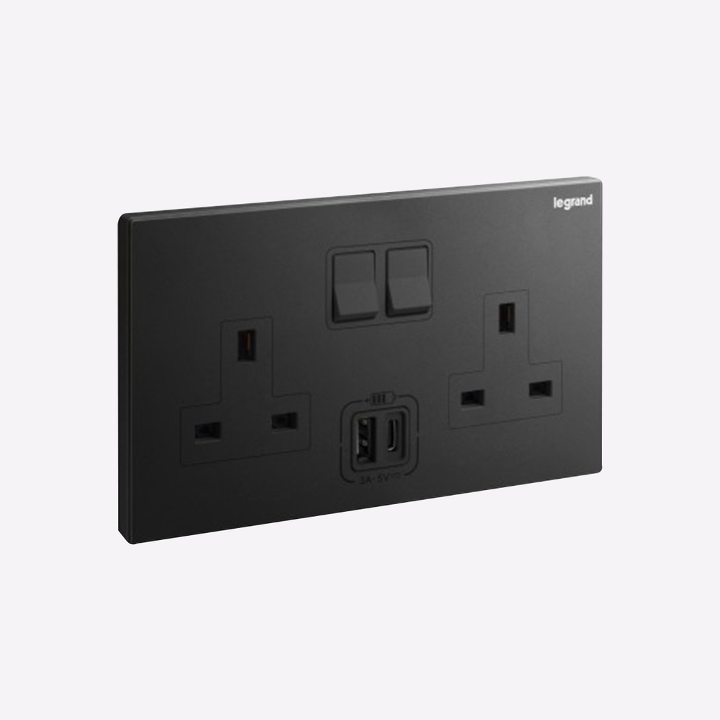 13A 2G S/SOCKET + USB TYPE A + C GALION MATT BLACK - LEGRAND | Plaza Middle East