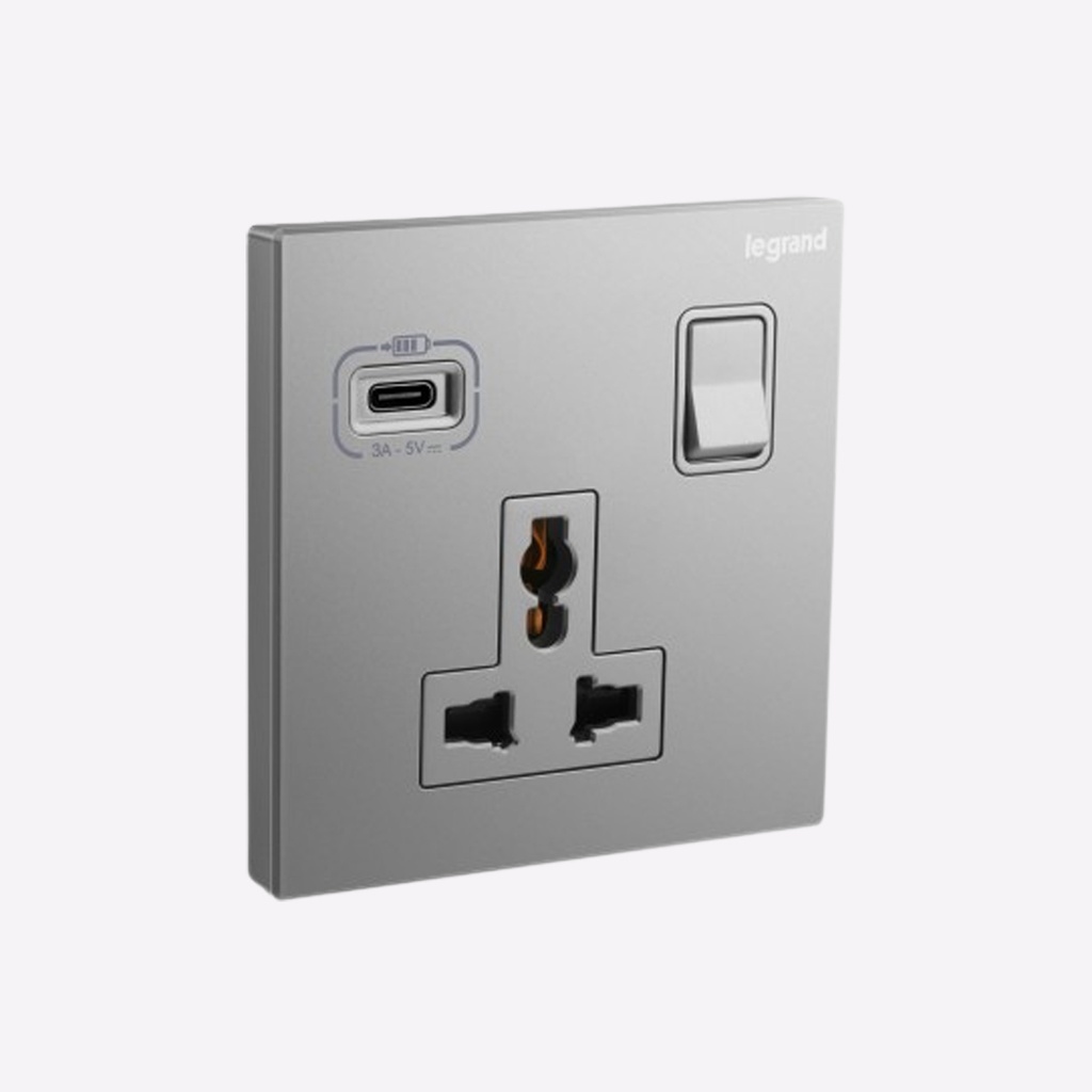 13A 1G UNIVERSAL SWITCH SOCKET + USB TYPE C GALION DARK SILVER ...